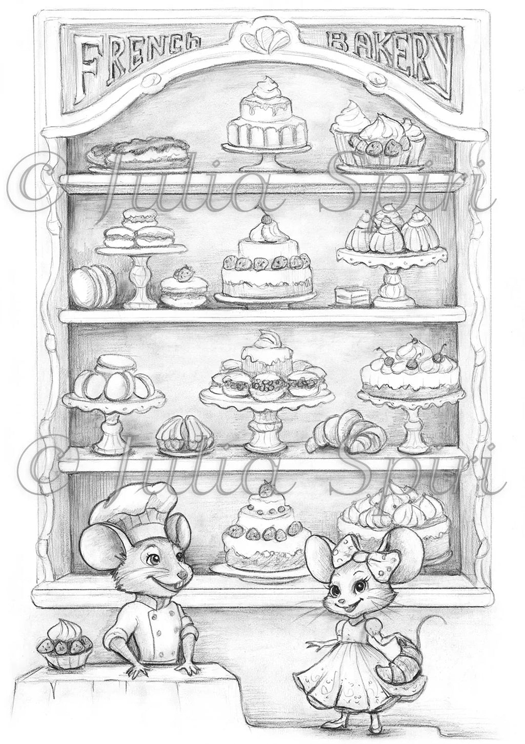 Grayscale Coloring Page. Whimsy Mice and Sweet Cakes, Pastries and Cro ...