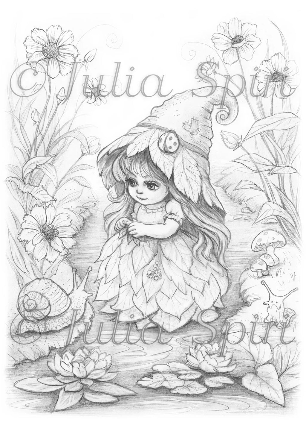 Grayscale Coloring Page. Little Leafling Girl by the Stream. Where Sna ...